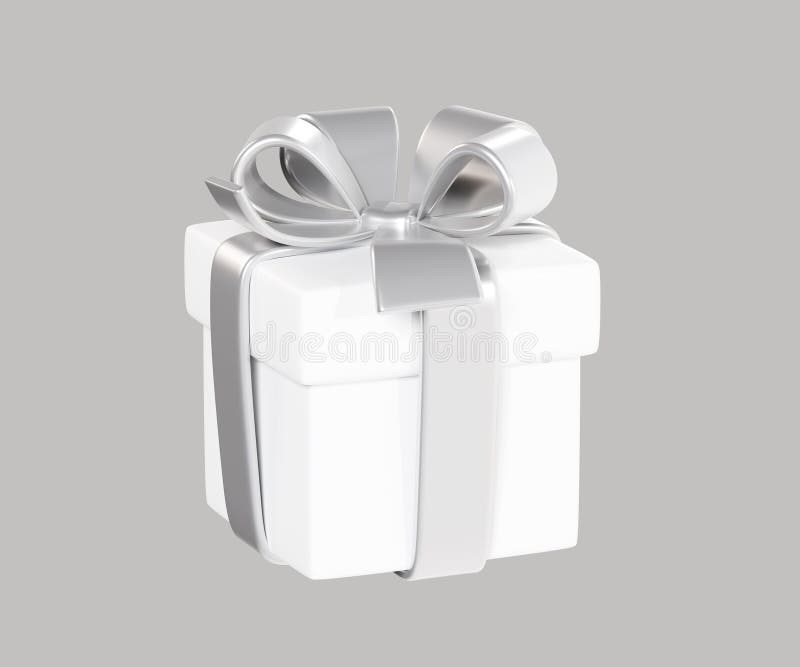 White Closed Gift Box with Silver Ribbon and Bow 3d Render Illustration ...