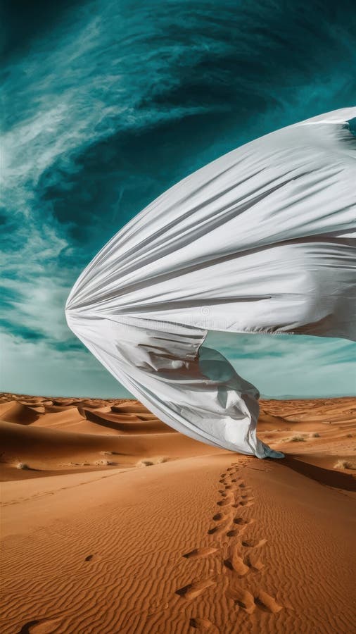 A White Cloth is Blowing in the Wind Over a Desert, AI Stock Image ...