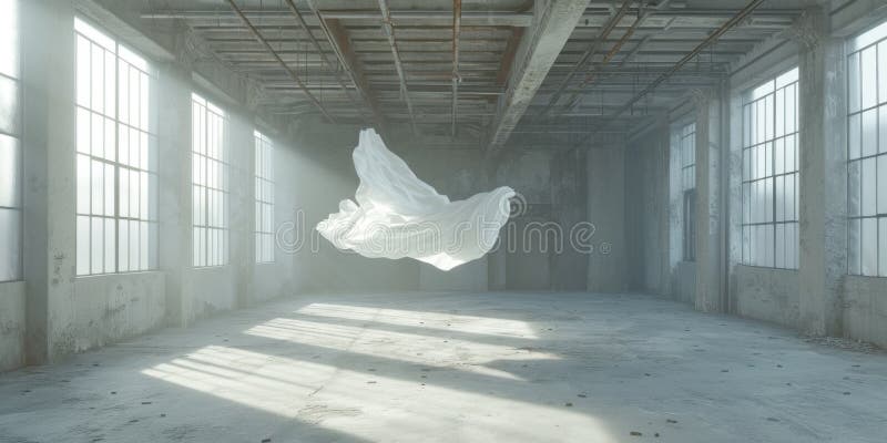 A White Cloth is Floating in a Large Room with Windows, AI Stock Photo ...