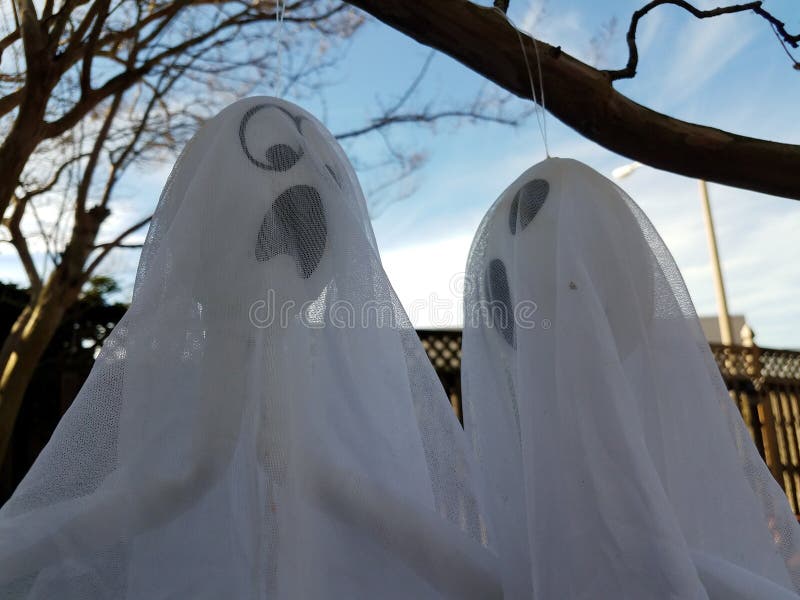White Cloth Ghosts Hanging from Tree Branch Stock Photo - Image of ...