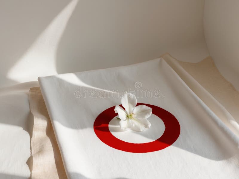 A White Cloth with a Red Circle and a White Flower on it Stock Photo ...