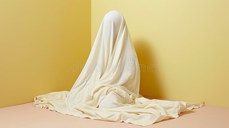 A White Cloth Wrapped Around a Person Sitting on the Floor, AI Stock ...