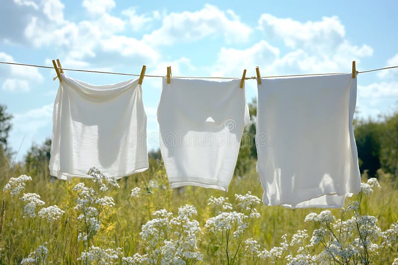 White Clothes Drying on a Clothesline in a Field Stock Illustration ...