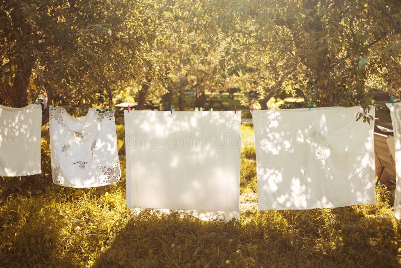 White Clothes Drying on a Rope in Garden. Stock Image - Image of leaves ...