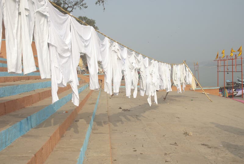 White Clothes Drying on Rope at Varanasi, India. Stock Image - Image of ...