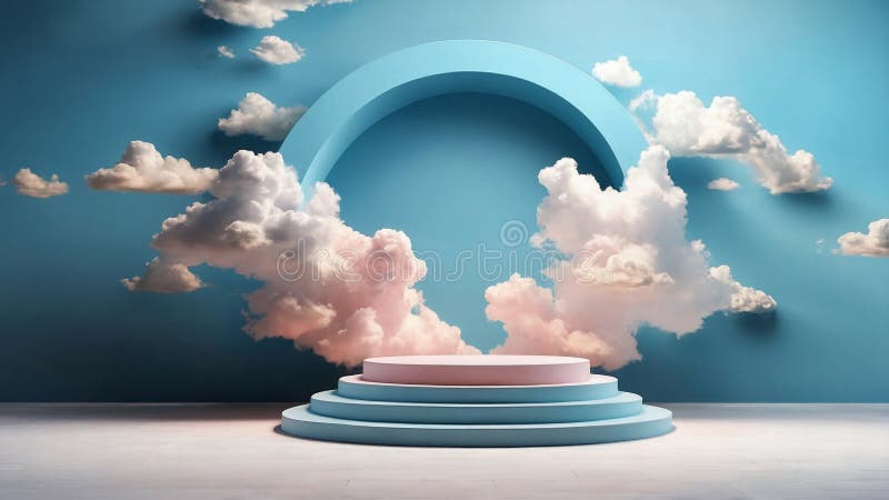 White Cloud Background with 3D Blue Podium Under a Sky Render Stage ...