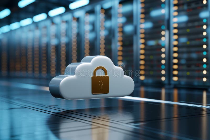 White Cloud with Gold Lock Icon in Server Room Surrounded by Vibrant ...