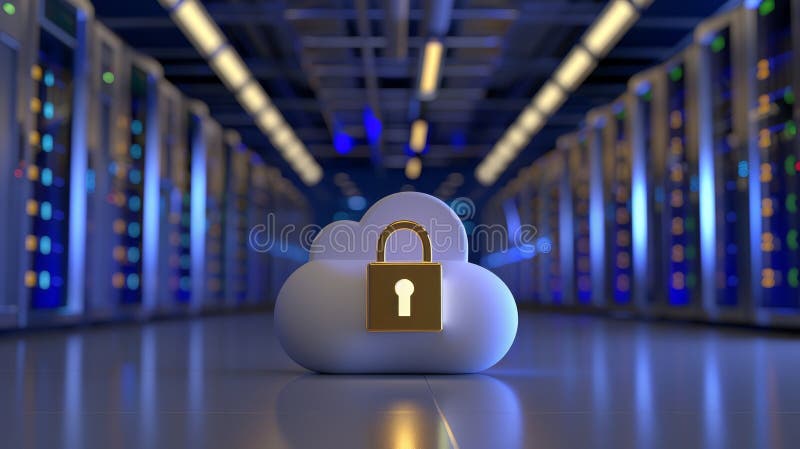 White Cloud with Gold Lock Icon in Server Room with Vibrant Flashing ...