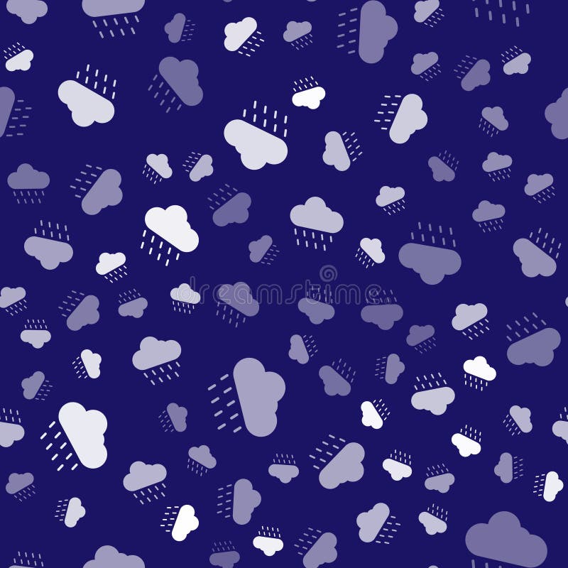 White Cloud with Rain Icon Isolated Seamless Pattern on Blue Background ...