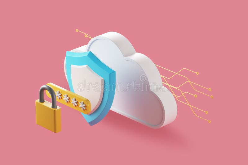 White Cloud, Yellow Padlock, Blue Protection Shield and Pink Background ...