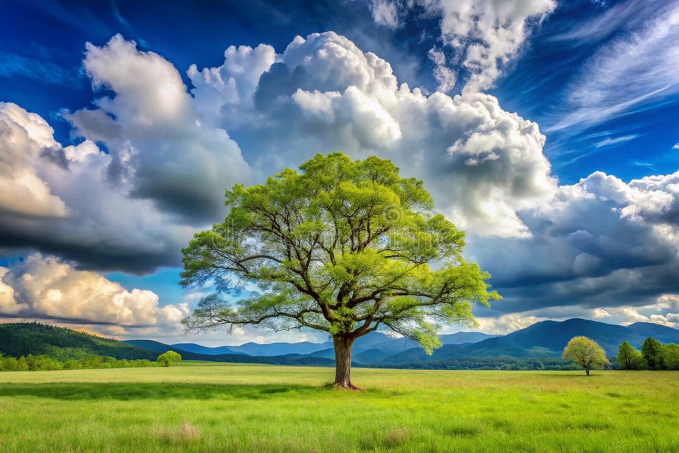"White Clouds Backdrop a Lone Oak Tree with Sparse Branches in a Green ...