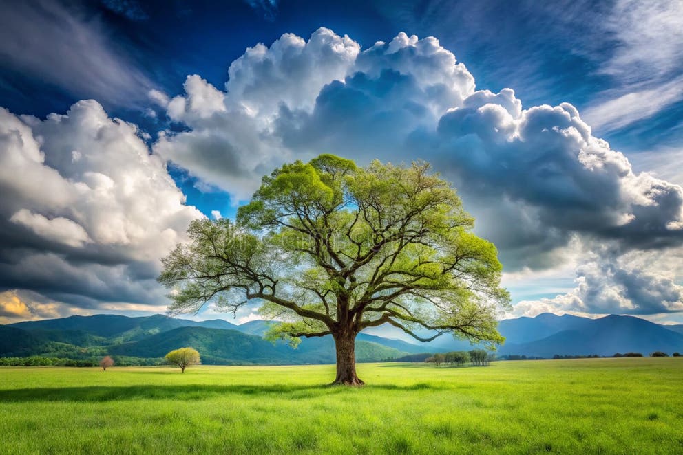 "White Clouds Backdrop a Lone Oak Tree with Sparse Branches in a Green ...
