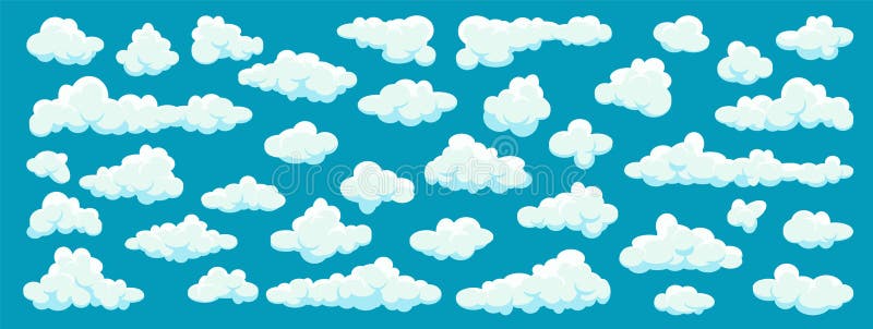 White Clouds Set. Abstract Blue Summer Sky. Simple Cartoon Cloud ...