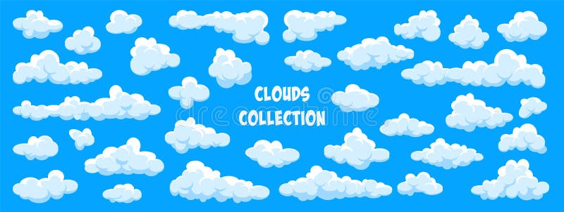 White Clouds Set. Abstract Blue Summer Sky. Simple Cartoon Cloud ...