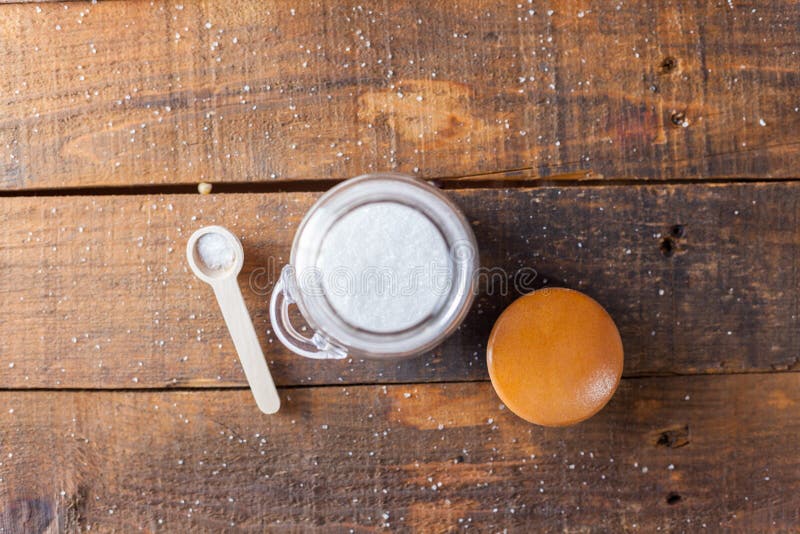 White Coarse Ground Salt on Wooden Table Background with Serving Stock ...