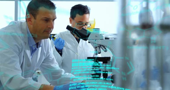 White-coated Scientists Examining Samples at Lab Bench, with Microscope ...