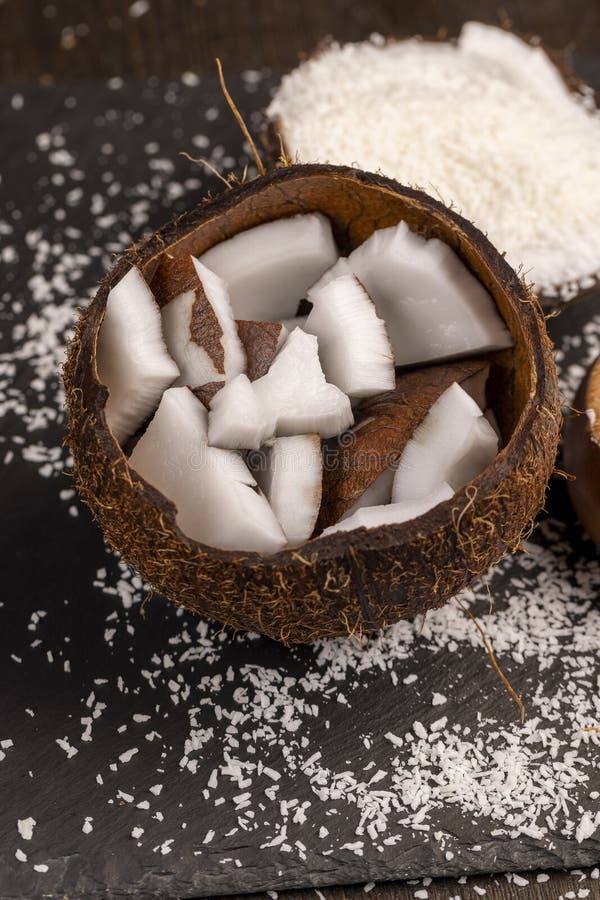White Coconut Pulp and Dried Coconut Flakes Stock Image - Image of ...