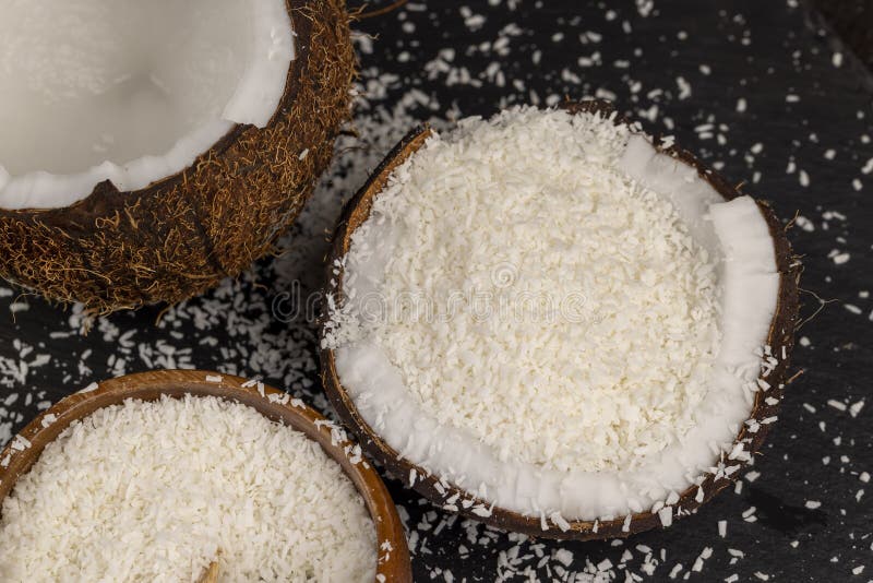 White Coconut Pulp and Dried Coconut Flakes Stock Photo - Image of ...