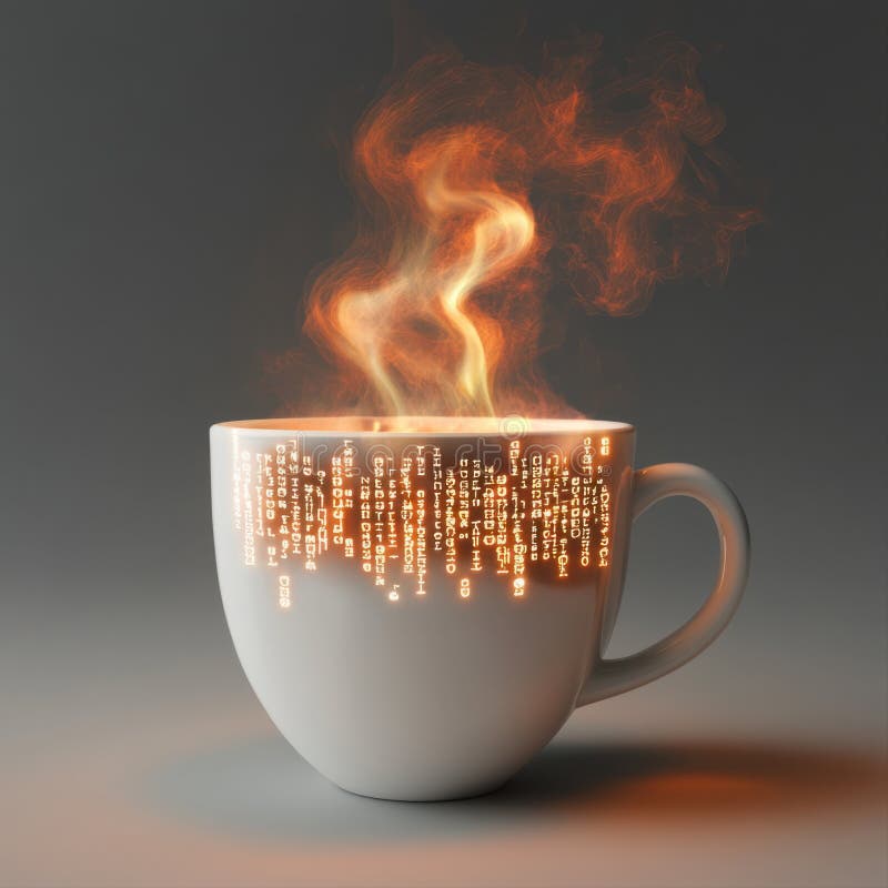 White Coffee Cup with Binary Code Emitting Glowing Smoke Stock Image ...