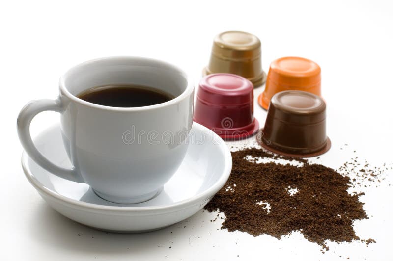 White Coffee Cup, Coffee Grains and Coffee Containers for Machine Stock ...