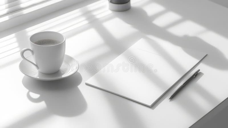 White Coffee Cup Notebook Pen Sunlight Shadow Desk Stock Illustration ...