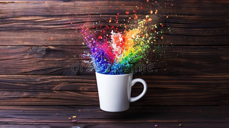 A White Coffee Cup with a Rainbow Explosion, Colors Cascading Out and ...
