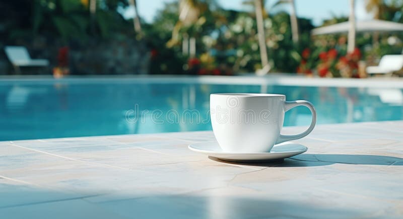 White Coffee Cup on Stone Tiled Outside Swimming Pool Stock Photo ...
