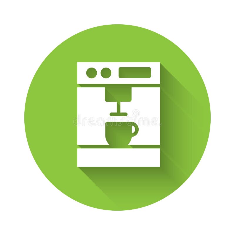 White Coffee Machine Icon Isolated with Long Shadow. Green Circle ...