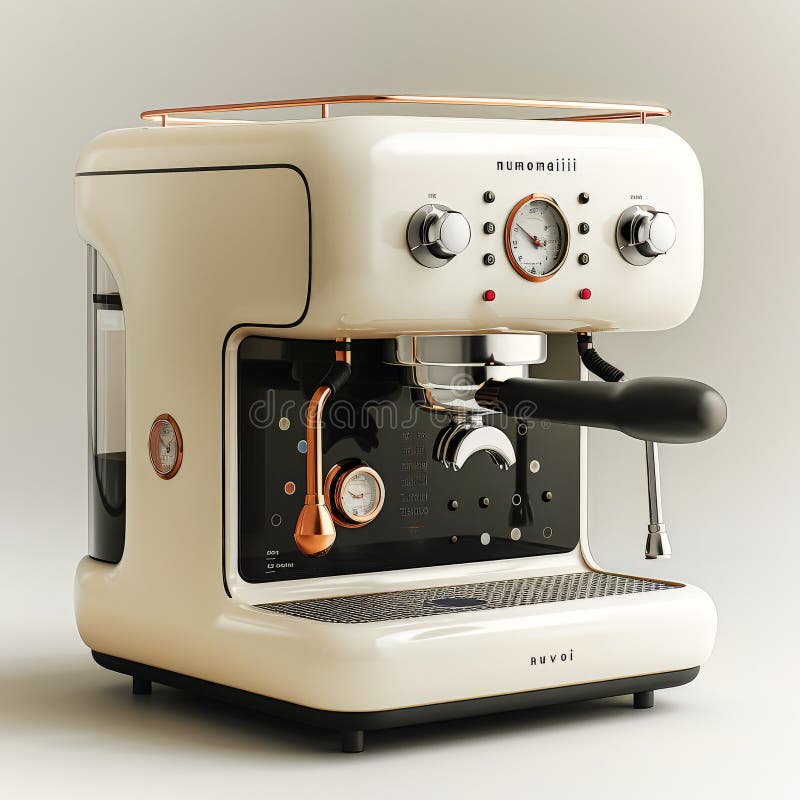 A White Coffee Maker with a Gold Handle and a Black Button Stock Image ...