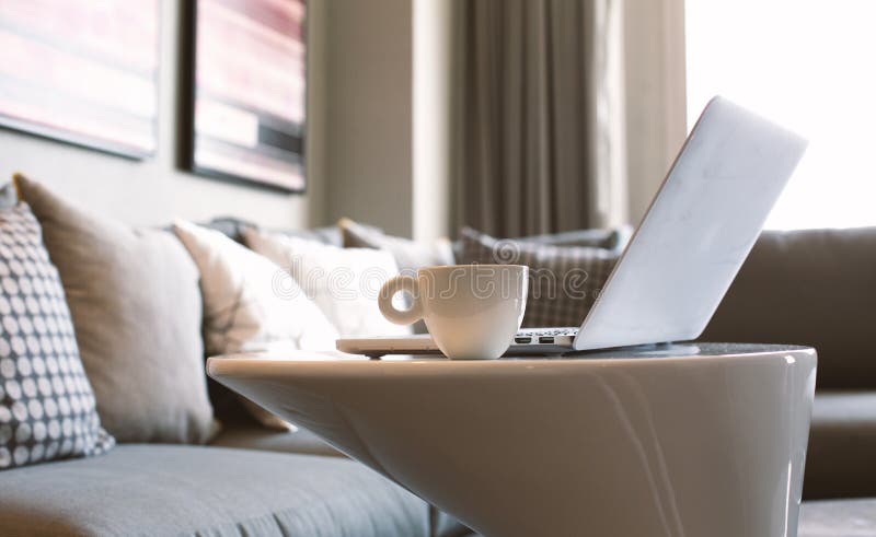 White Coffee Mug beside Laptop Computer Stock Photo - Image of wireless ...
