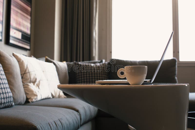 White Coffee Mug beside Laptop Computer Stock Photo - Image of internet ...