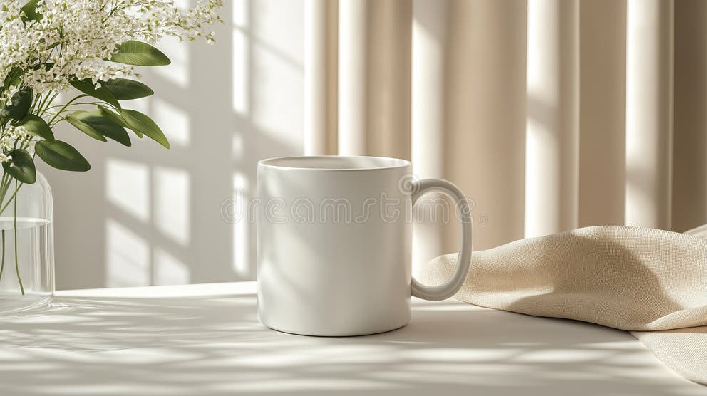 White Coffee Mug Mockup on White Table with Shadow Overlay Stock ...