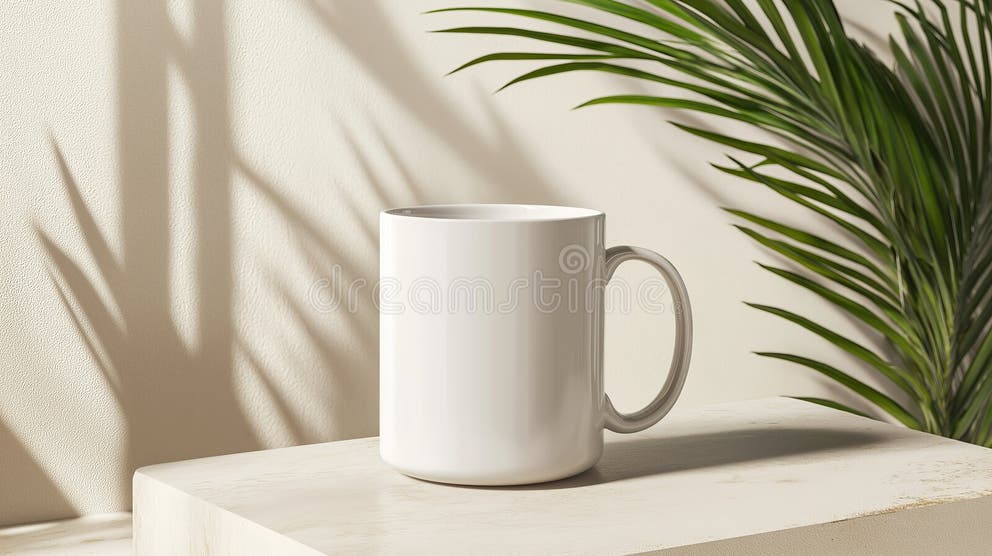 White Coffee Mug Mockup on White Table with Shadow Overlay Stock ...
