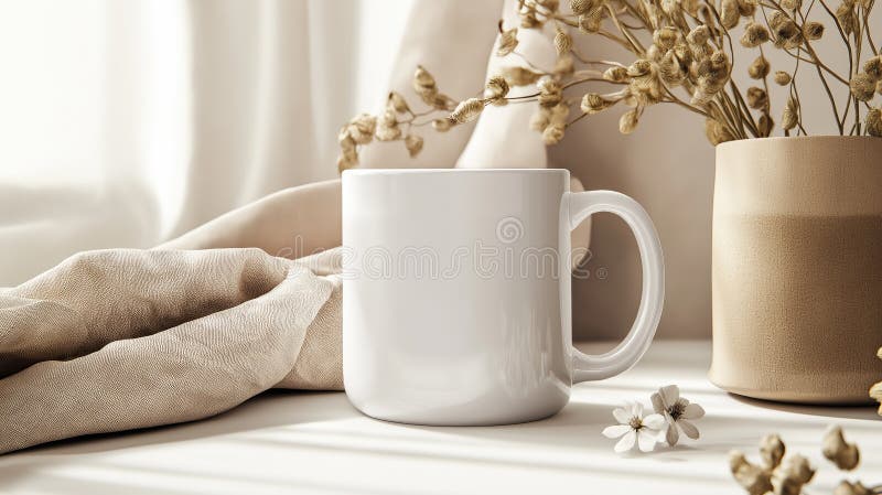 White Coffee Mug Mockup on White Table with Shadow Overlay Stock ...