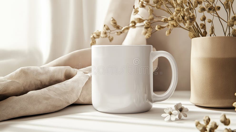White Coffee Mug Mockup on White Table with Shadow Overlay Stock ...