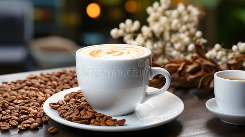 White Coffee Mug on the Table, with Fresh Coffee Beans, Beautiful ...