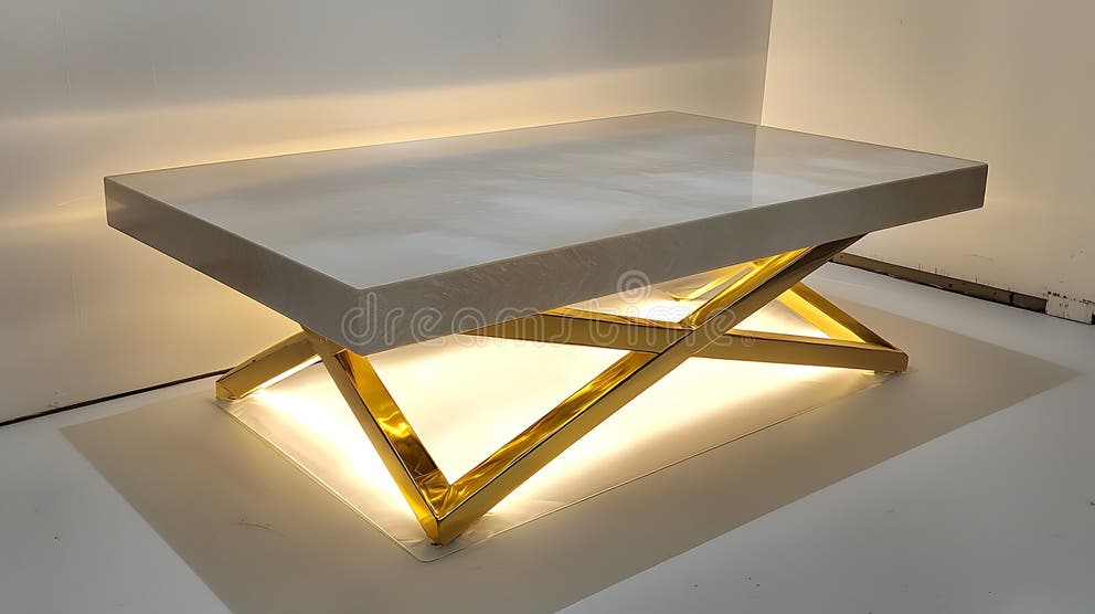 White Coffee Table with Gold Accents and a Light Shining on it Stock ...