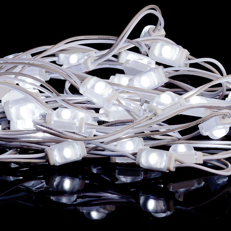White Cold Christmas LED Lights Glowing with Reflection on Black ...