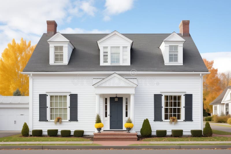 White Colonial with Black Shutters and Dormer Windows Stock ...