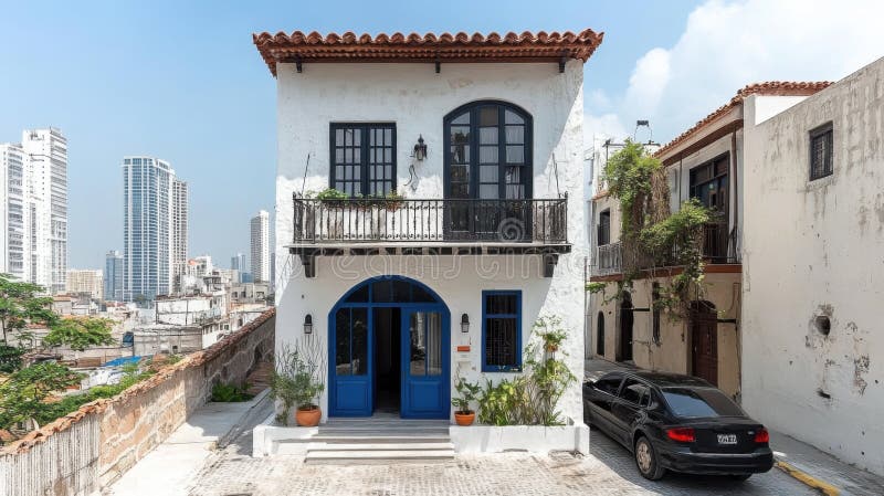 White Colonial House with Blue Door and Balcony in a City Setting Stock ...