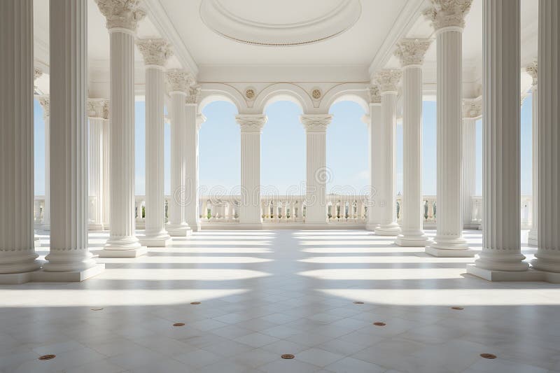 White Colonnade with Columns on the Background of the Sea. 3d Rendering ...