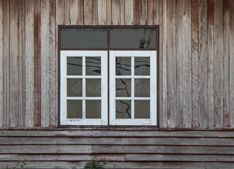 White Color Windows and Old Brown Color Wooden Wall Stock Photo - Image ...