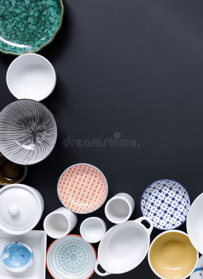 White and Colorful Tableware in Different Designs and Sizes on Black ...