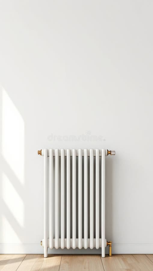 White Column Radiator Against White Wall Light Wood Floor Stock ...
