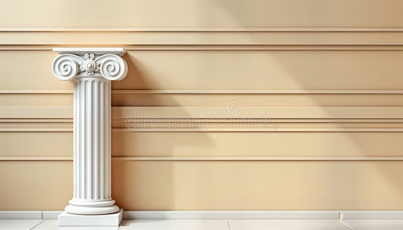 White Column with Spiral Design Stands on Tan Wall. Elegant Classical ...