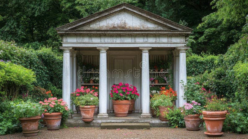 White Columned Garden Structure with Flower Pots Stock Illustration ...