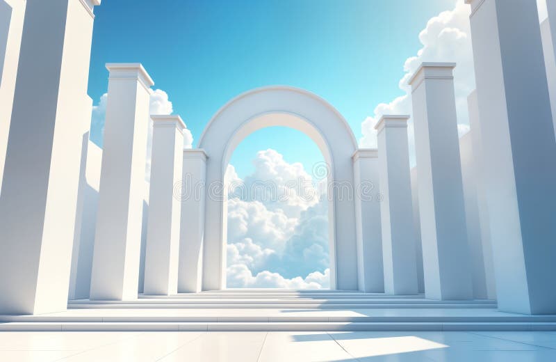White Columns Frame Archway To Sky. Empty Interior Space with Light ...