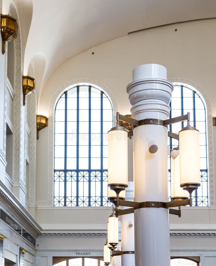 White Columns and Lights in Union Station Stock Photo - Image of ...