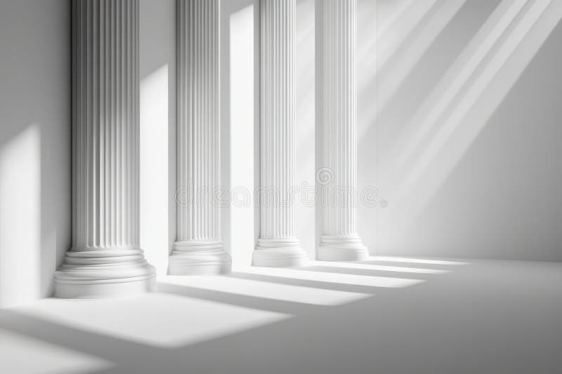 White Columns with Sunbeams Casting Shadows on a White Floor Stock ...