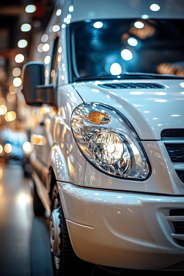 White Commercial Van with Headlight Shining, Creating Dynamic Look with ...